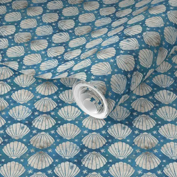 Spoonflower Ocean Nautical Seashells Scallop Shell Custom Pre-pasted Wallpaper - Blue