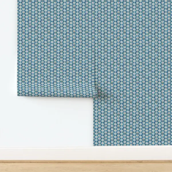 Spoonflower Ocean Nautical Seashells Scallop Shell Custom Pre-pasted Wallpaper - Blue