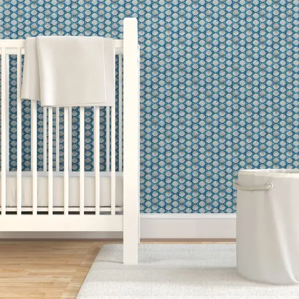 Spoonflower Ocean Nautical Seashells Scallop Shell Custom Pre-pasted Wallpaper - Blue