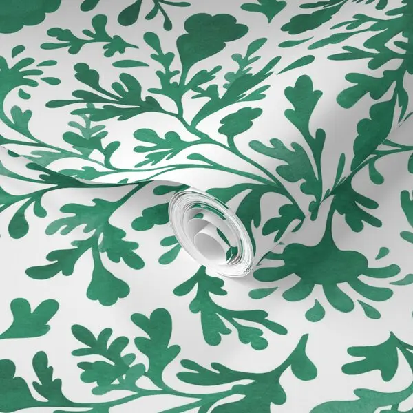Spoonflower Botanical Floral Jade White Vintage Emerald Custom Pre-pasted Wallpaper - Green