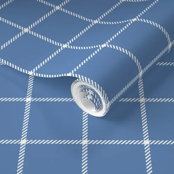 Spoonflower Minimal Check Simple Plaid Cornflower Blue Grid Custom Pre-pasted Wallpaper - White,blue