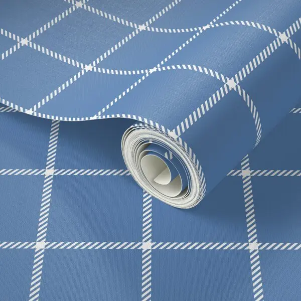 Spoonflower Minimal Check Simple Plaid Cornflower Blue Grid Custom Pre-pasted Wallpaper - White,blue