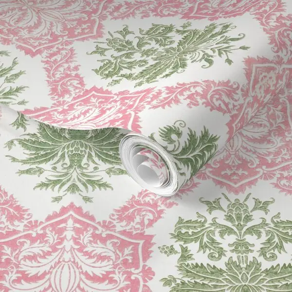 Spoonflower Indian Block Print Bombay And Green Colonial Custom Pre-pasted Wallpaper - Pink