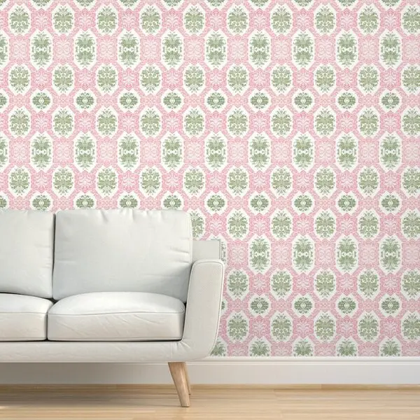 Spoonflower Indian Block Print Bombay And Green Colonial Custom Pre-pasted Wallpaper - Pink