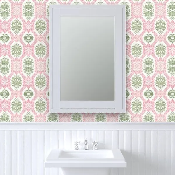 Spoonflower Indian Block Print Bombay And Green Colonial Custom Pre-pasted Wallpaper - Pink