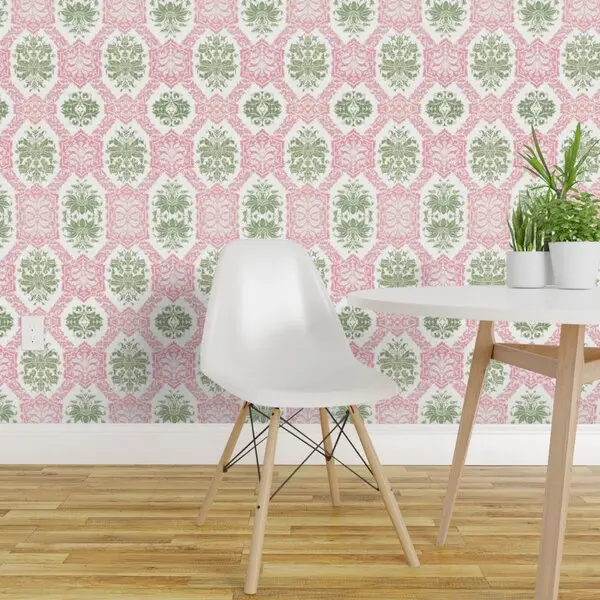 Spoonflower Indian Block Print Bombay And Green Colonial Custom Pre-pasted Wallpaper - Pink