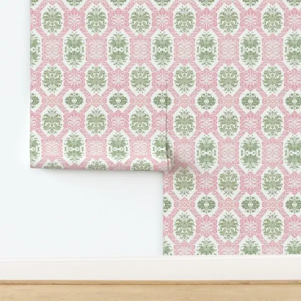Spoonflower Indian Block Print Bombay And Green Colonial Custom Pre-pasted Wallpaper - Pink