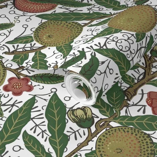 Spoonflower Fruit Victorian Kitchen Pomegranate Morris Arts Custom Pre-pasted Wallpaper - Green,gray,brown
