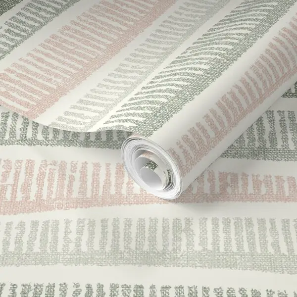 Spoonflower Coastal Stripe Minimal Sage Green Blush Custom Pre-pasted Wallpaper - Pink