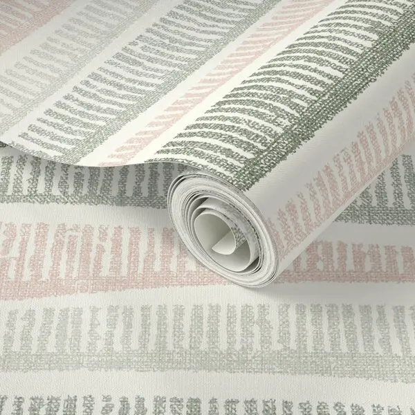 Spoonflower Coastal Stripe Minimal Sage Green Blush Custom Pre-pasted Wallpaper - Pink