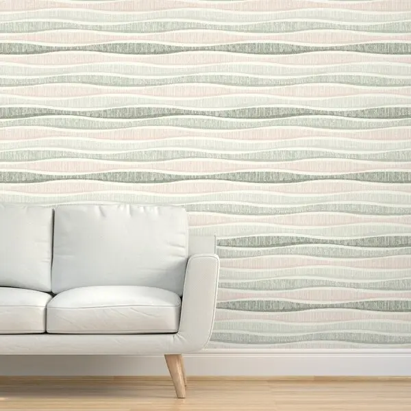 Spoonflower Coastal Stripe Minimal Sage Green Blush Custom Pre-pasted Wallpaper