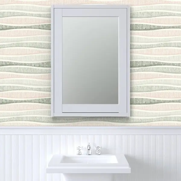 Spoonflower Coastal Stripe Minimal Sage Green Blush Custom Pre-pasted Wallpaper