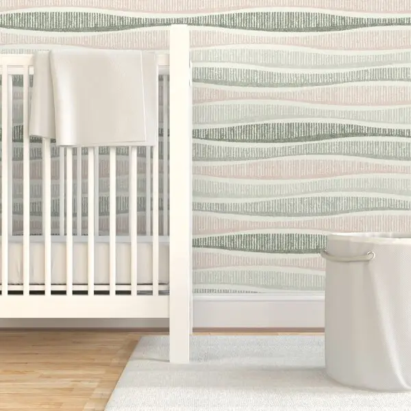 Spoonflower Coastal Stripe Minimal Sage Green Blush Custom Pre-pasted Wallpaper