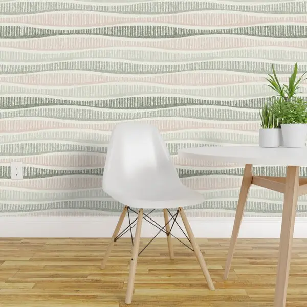 Spoonflower Coastal Stripe Minimal Sage Green Blush Custom Pre-pasted Wallpaper