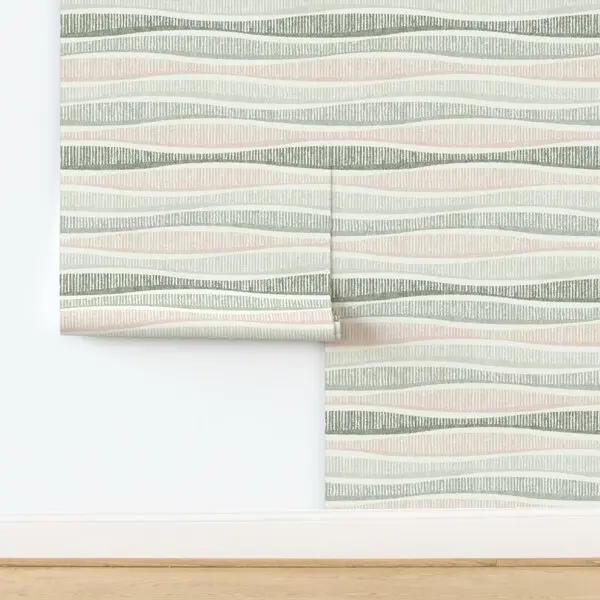 Spoonflower Coastal Stripe Minimal Sage Green Blush Custom Pre-pasted Wallpaper
