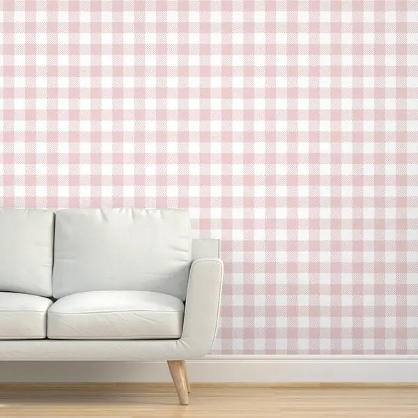 Spoonflower Soft Blush Check Buffalo Pastel Light Spring Custom Pre-pasted Wallpaper
