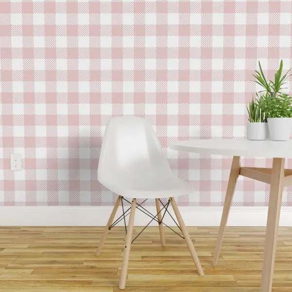 Spoonflower Soft Blush Check Buffalo Pastel Light Spring Custom Pre-pasted Wallpaper