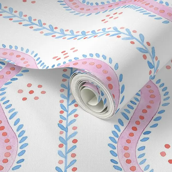 Spoonflower Pink Stripe Watercolor Bubblegum Traditional Custom Pre-pasted Wallpaper - Pink,blue