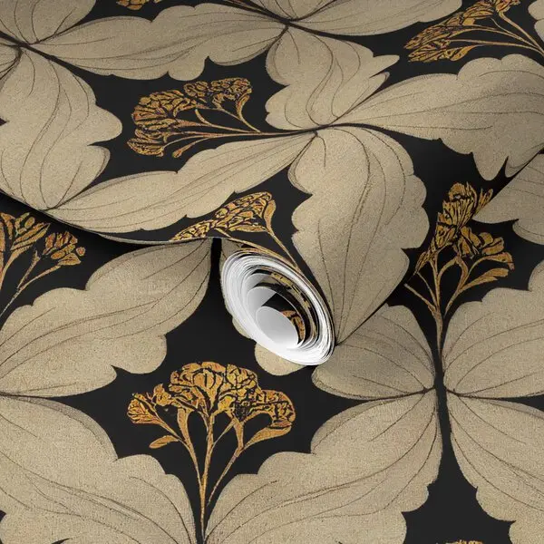 Spoonflower Black Victorian Flowers Art Nouveau Moody Custom Pre-pasted Wallpaper - Black,white,gold