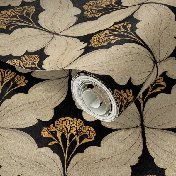 Spoonflower Black Victorian Flowers Art Nouveau Moody Custom Pre-pasted Wallpaper - Black,white,gold