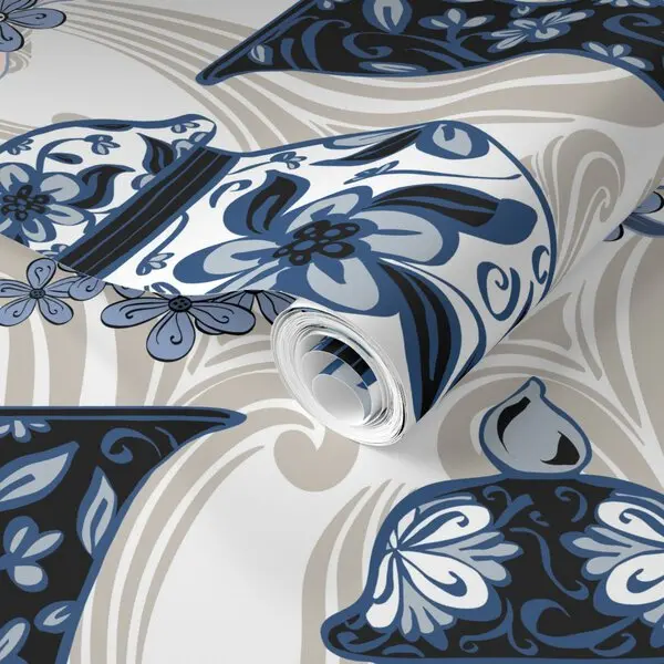 Spoonflower Blue Grey Rococo Vintage Art Nouveau Custom Pre-pasted Wallpaper - Blue,turquoise,beige