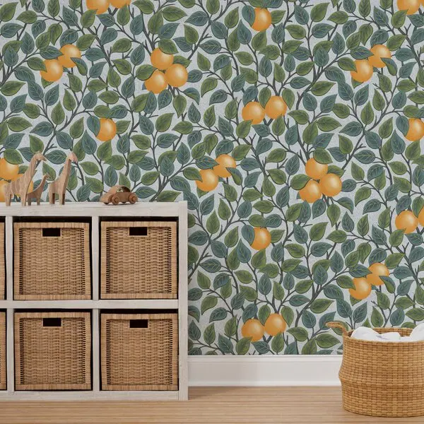 Spoonflower Fruit Citrus Summer Botanical Mediterranean Custom Pre-pasted Wallpaper - Orange