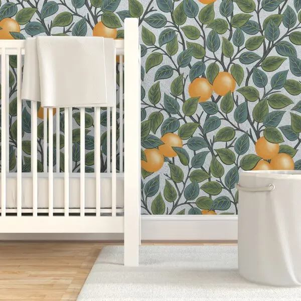 Spoonflower Fruit Citrus Summer Botanical Mediterranean Custom Pre-pasted Wallpaper - Orange