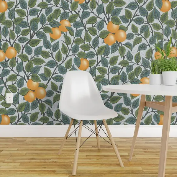 Spoonflower Fruit Citrus Summer Botanical Mediterranean Custom Pre-pasted Wallpaper - Orange