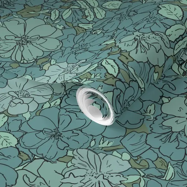 Spoonflower Floral Retro Flowers Hand Drawn Monochromatic Custom Pre-pasted Wallpaper - Blue