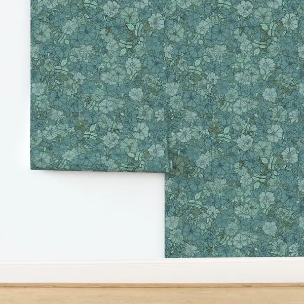 Spoonflower Floral Retro Flowers Hand Drawn Monochromatic Custom Pre-pasted Wallpaper - Blue