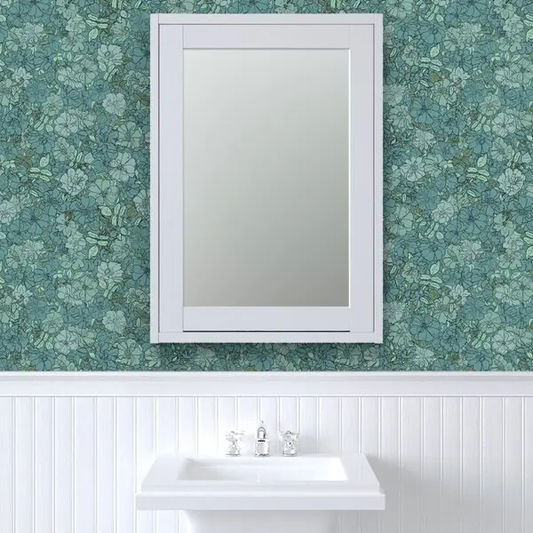 Spoonflower Floral Retro Flowers Hand Drawn Monochromatic Custom Pre-pasted Wallpaper - Blue