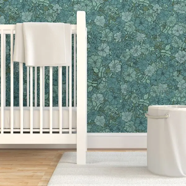 Spoonflower Floral Retro Flowers Hand Drawn Monochromatic Custom Pre-pasted Wallpaper - Blue