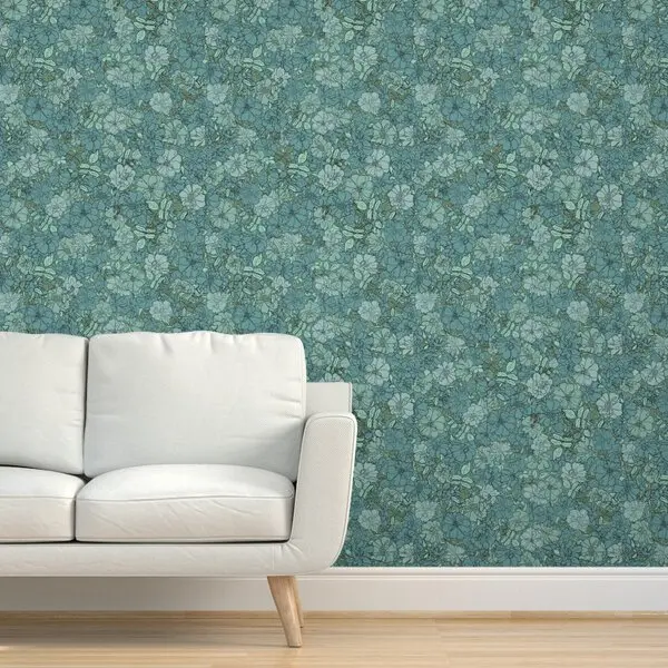 Spoonflower Floral Retro Flowers Hand Drawn Monochromatic Custom Pre-pasted Wallpaper - Blue