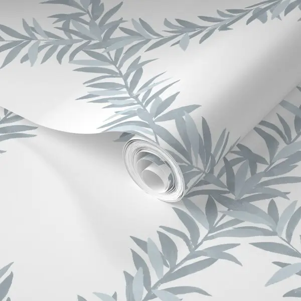 Spoonflower Blue Botanical Trellis Lattice Leaves Floral Custom Pre-pasted Wallpaper - Gray