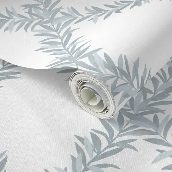 Spoonflower Blue Botanical Trellis Lattice Leaves Floral Custom Pre-pasted Wallpaper - Gray