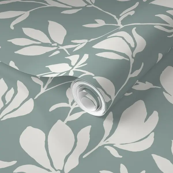 Spoonflower Modern Floral Green Elegant Custom Pre-pasted Wallpaper - Sage