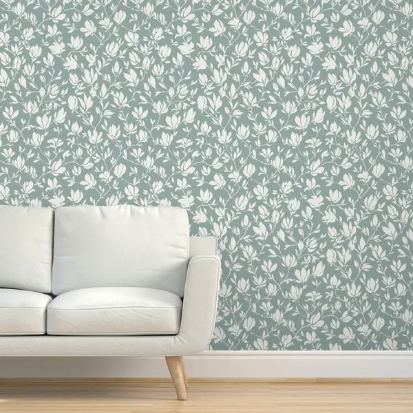 Spoonflower Modern Floral Green Elegant Custom Pre-pasted Wallpaper - Sage