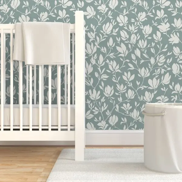 Spoonflower Modern Floral Green Elegant Custom Pre-pasted Wallpaper - Sage