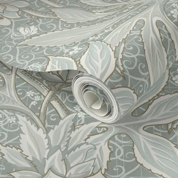 Spoonflower Pale Green Antique Victorian Sage Hellebore Arts Custom Pre-pasted Wallpaper - Gray,sage