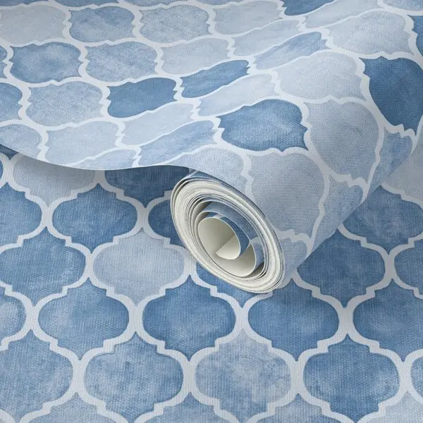 Spoonflower Decorative Vintage Tile Monochrome Soft Custom Pre-pasted Wallpaper - Blue