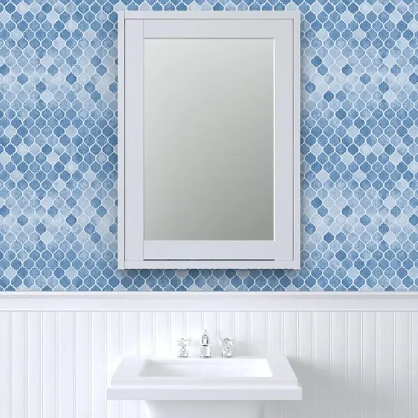 Spoonflower Decorative Vintage Tile Monochrome Soft Custom Pre-pasted Wallpaper - Blue