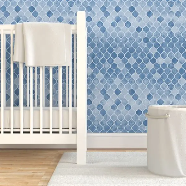 Spoonflower Decorative Vintage Tile Monochrome Soft Custom Pre-pasted Wallpaper - Blue