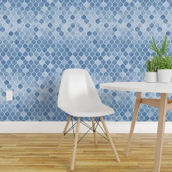 Spoonflower Decorative Vintage Tile Monochrome Soft Custom Pre-pasted Wallpaper - Blue