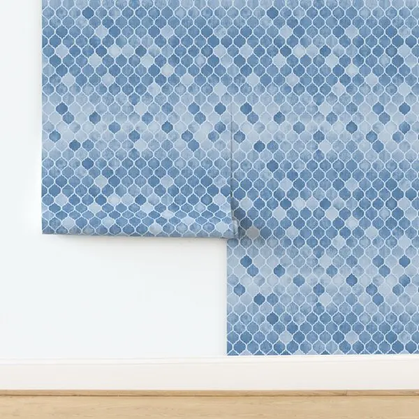 Spoonflower Decorative Vintage Tile Monochrome Soft Custom Pre-pasted Wallpaper - Blue