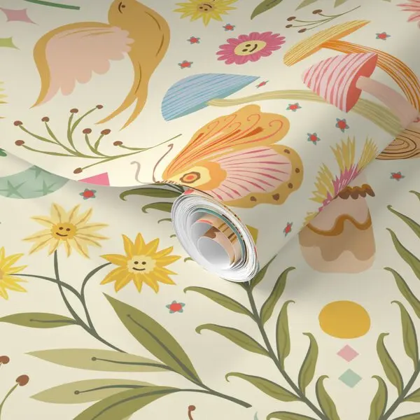 Spoonflower Woodland Damask Bright Pastels Pale Spring Custom Pre-pasted Wallpaper - Yellow