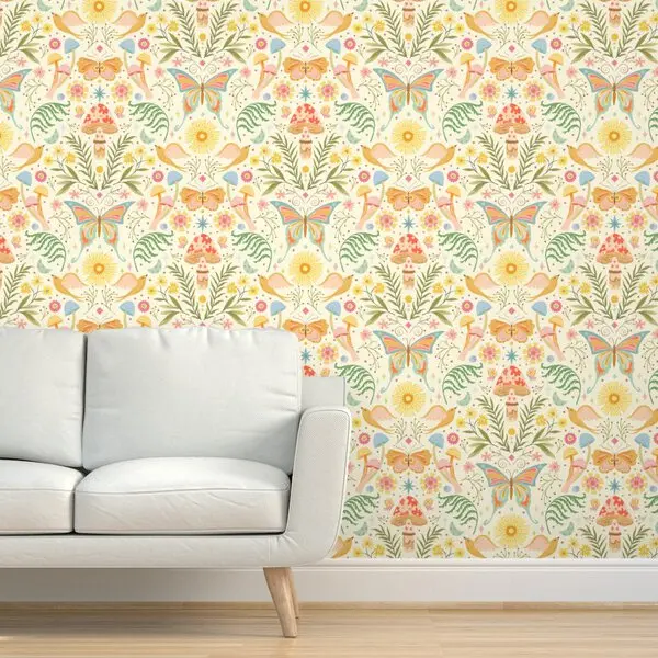 Spoonflower Woodland Damask Bright Pastels Pale Spring Custom Pre-pasted Wallpaper - Yellow