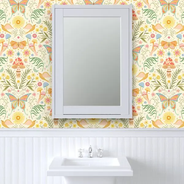 Spoonflower Woodland Damask Bright Pastels Pale Spring Custom Pre-pasted Wallpaper - Yellow