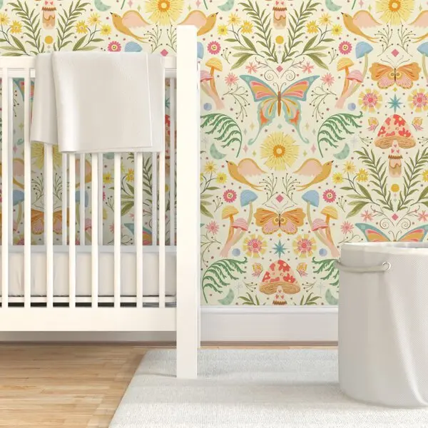 Spoonflower Woodland Damask Bright Pastels Pale Spring Custom Pre-pasted Wallpaper - Yellow