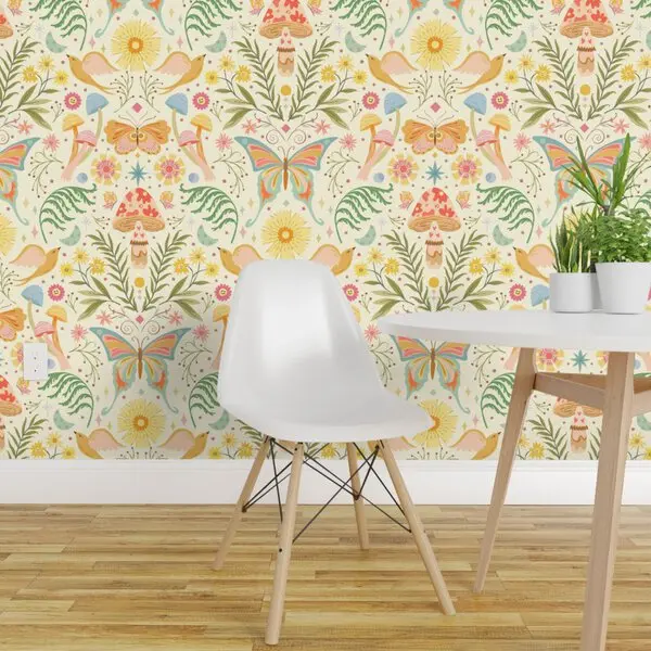 Spoonflower Woodland Damask Bright Pastels Pale Spring Custom Pre-pasted Wallpaper - Yellow