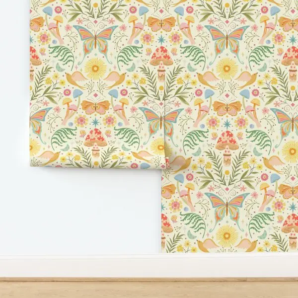 Spoonflower Woodland Damask Bright Pastels Pale Spring Custom Pre-pasted Wallpaper - Yellow
